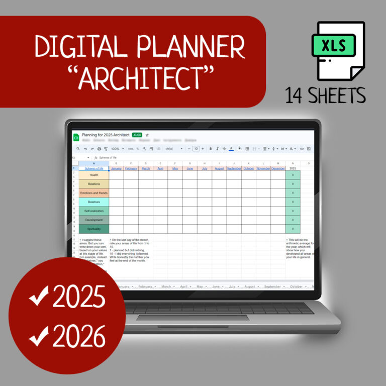 Digital yearly Excel planner by chakra system - "Architect" for 2025-2026